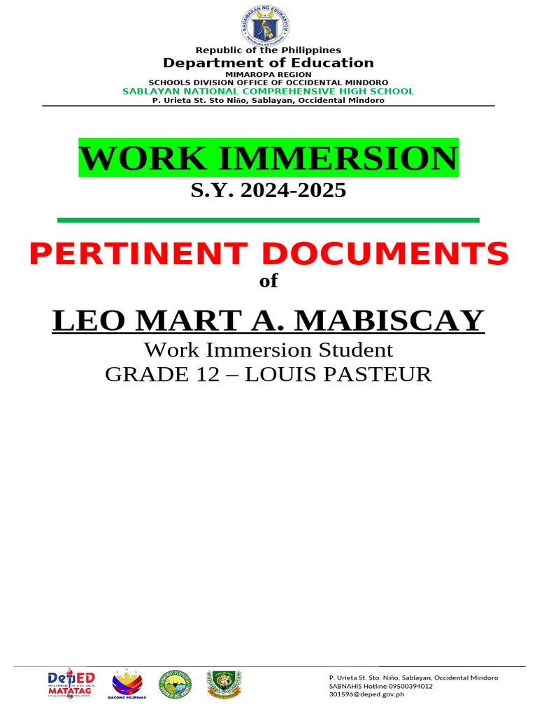 Work Immersion Cover Page | PDF