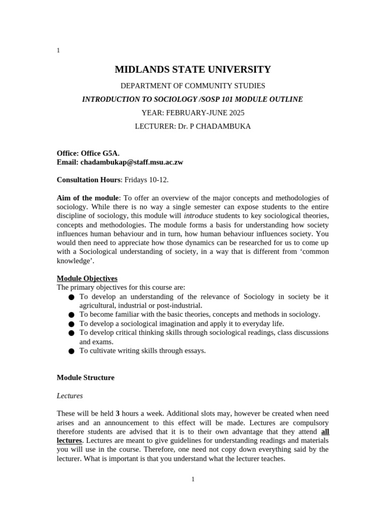 SOSP 101 Sociology Module Outline 2025 | PDF | Sociology | Positivism