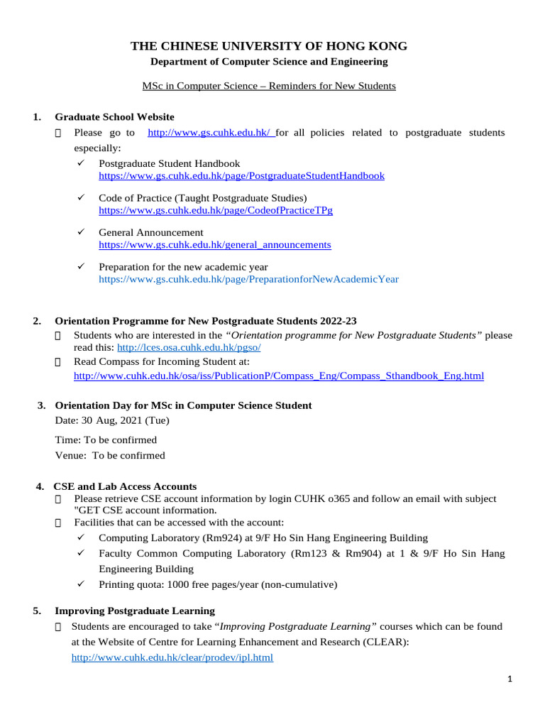 CUHK - Engineering Information For New Student | PDF | Postgraduate ...