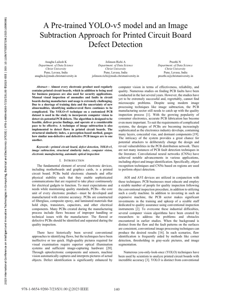 A Pre-Trained YOLO-v5 Model and An Image Subtraction Approach For Printed Circuit Board Defect ...