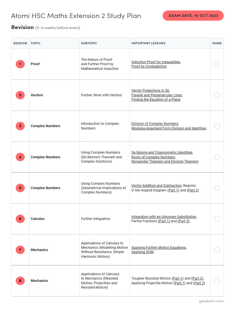Atomi HSC Maths Ext2 Study Plan 2023 | PDF | Complex Number | Mathematics