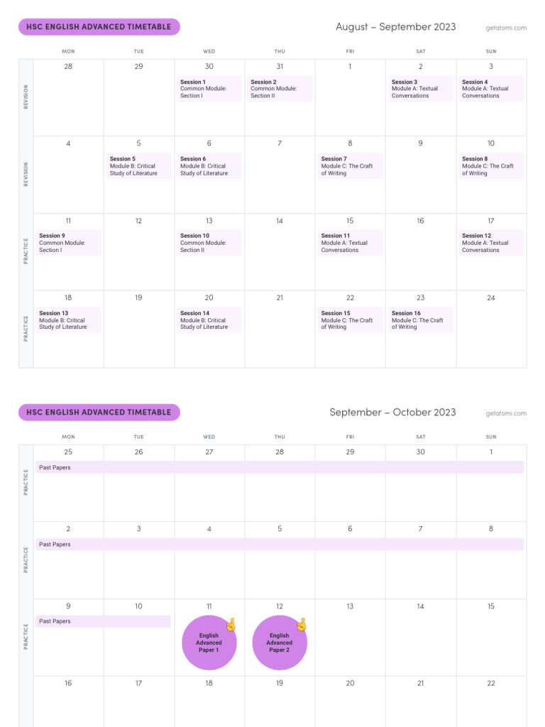 Atomi HSC English Adv Study Timetable 2023 | PDF