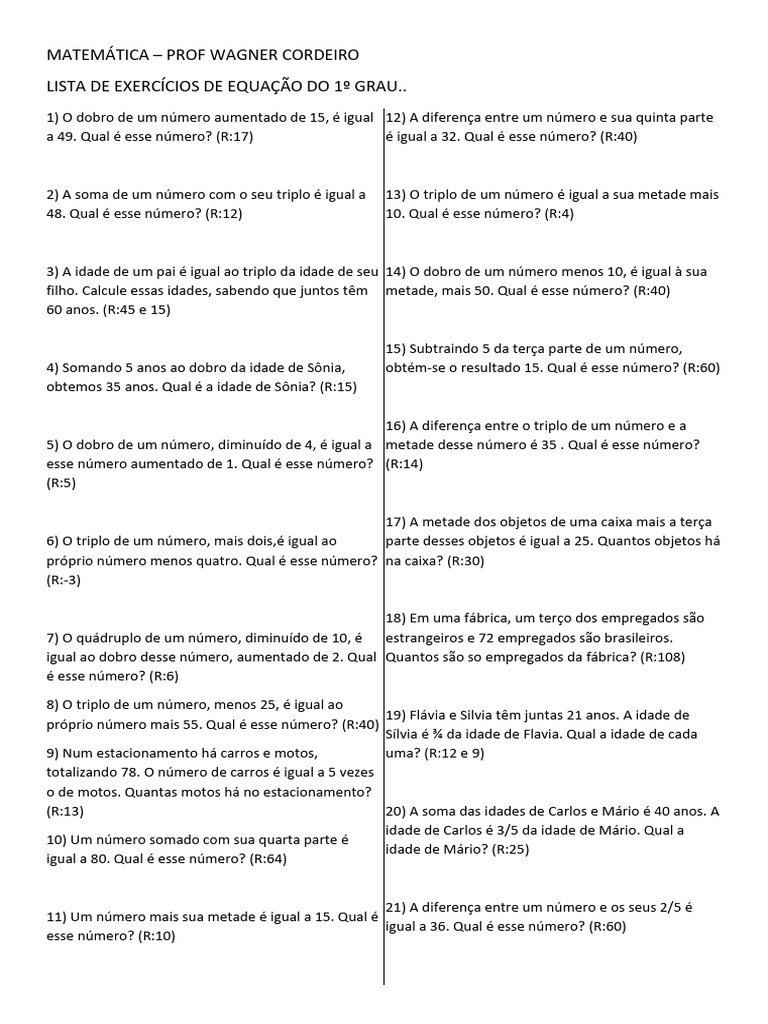 Exercícios de Equação do 1º Grau | PDF | Equações | Matemática