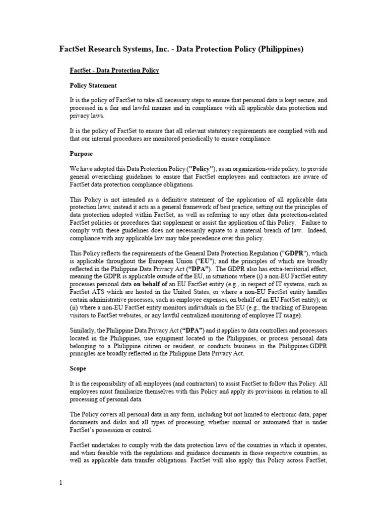 FactSet Data Protection Policy Philippines | PDF | Regulatory ...