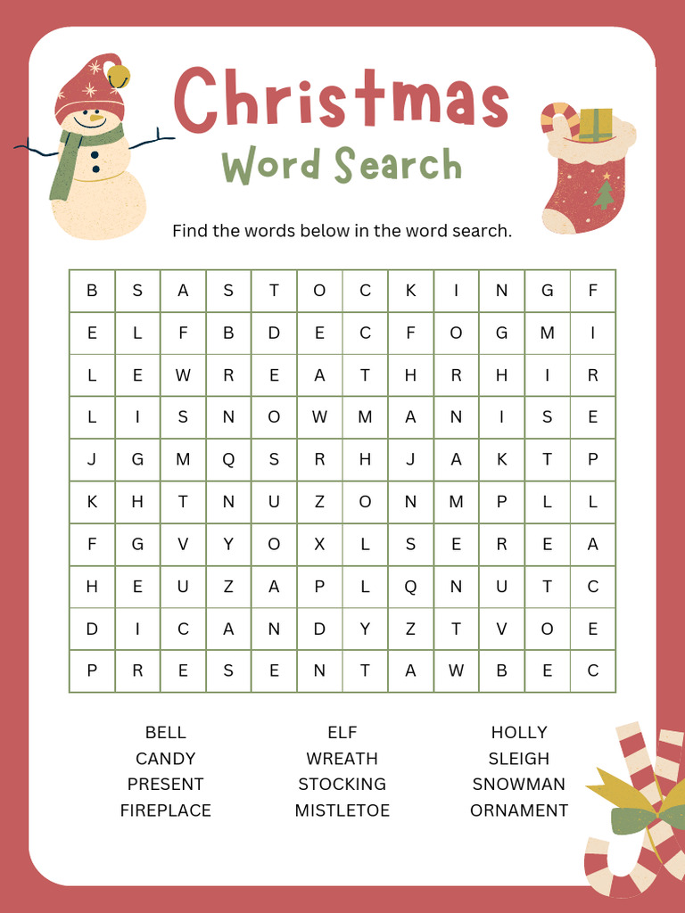 Christmas Word Search Worksheet in Red White Festive Style | PDF