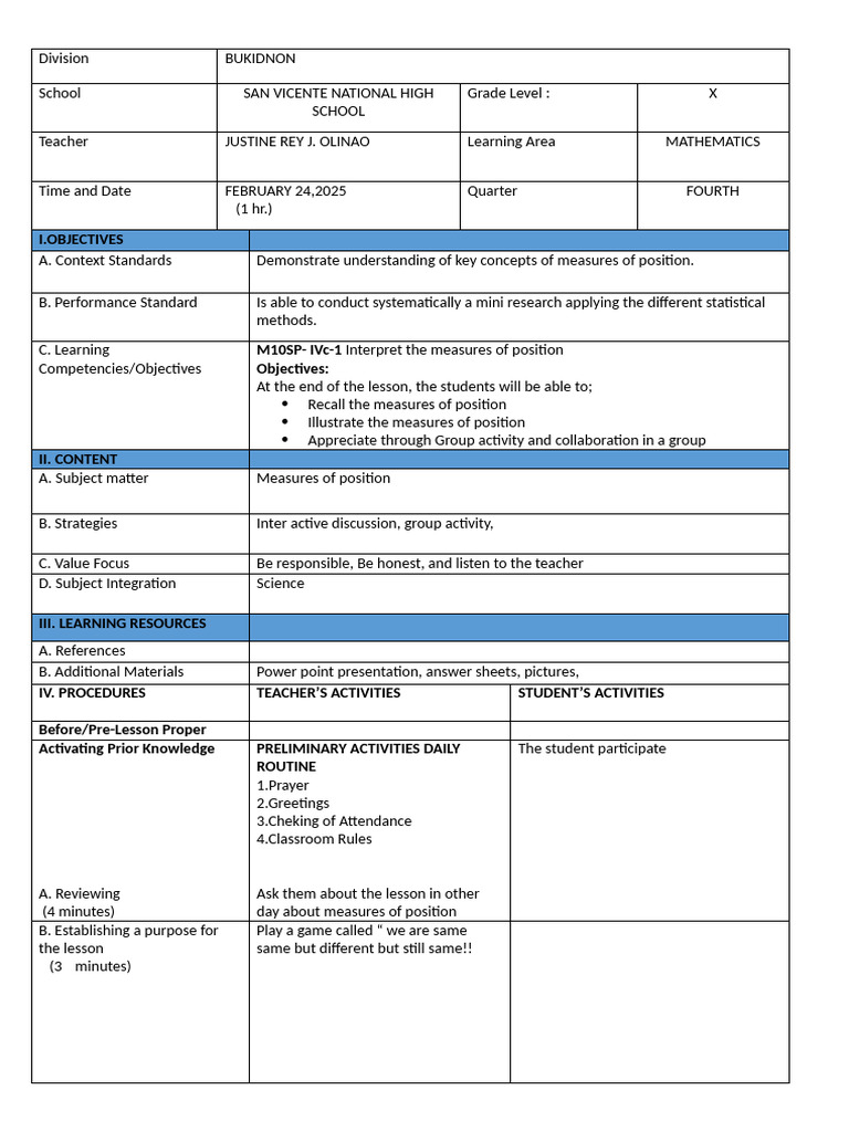 Prokie - g10 Interpret Measures of Position | PDF | Teachers | Learning