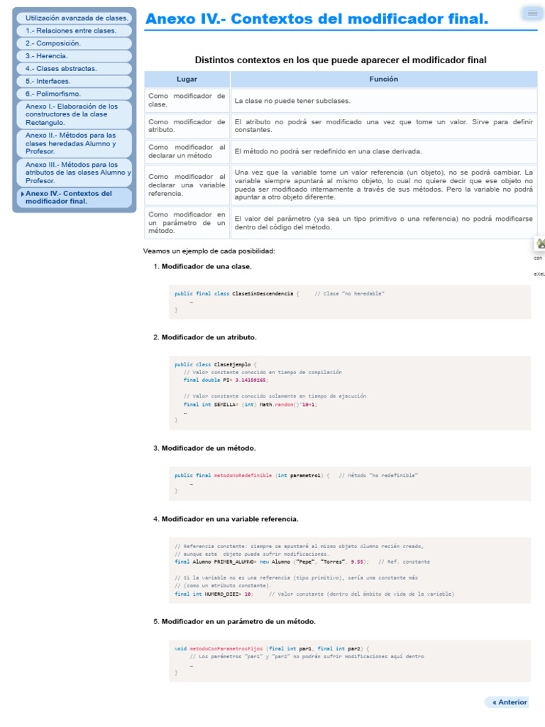 Anexo IV. - Contextos Del Modificador Final | PDF | Programación de computadoras | Ingeniería de ...