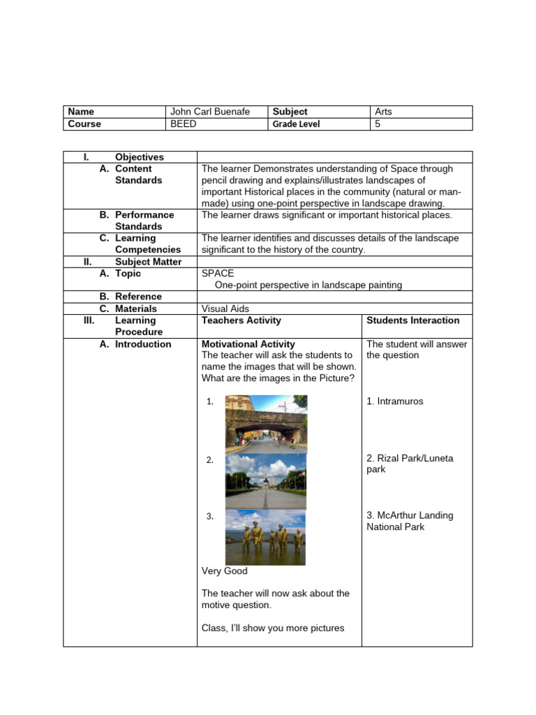 Arts Lesson Plan | PDF | Learning | Perspective (Graphical)