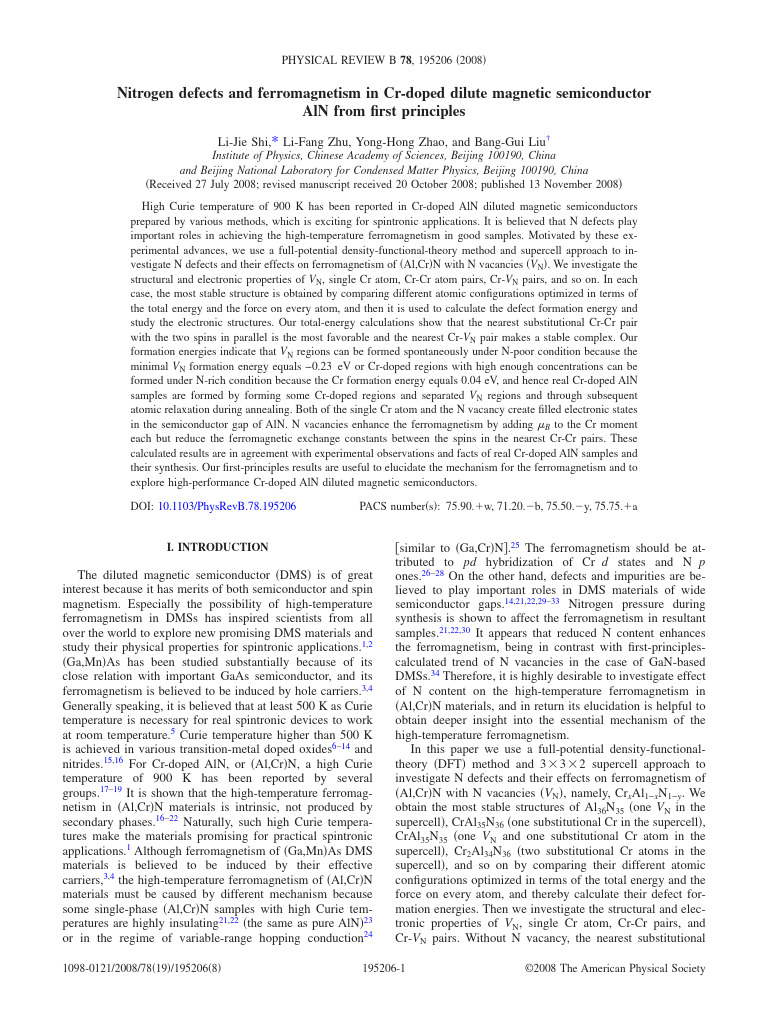 PhysRevB.78.195206yhNitrogen defects and ferromagnetism in Cr-doped dilute magnetic ...