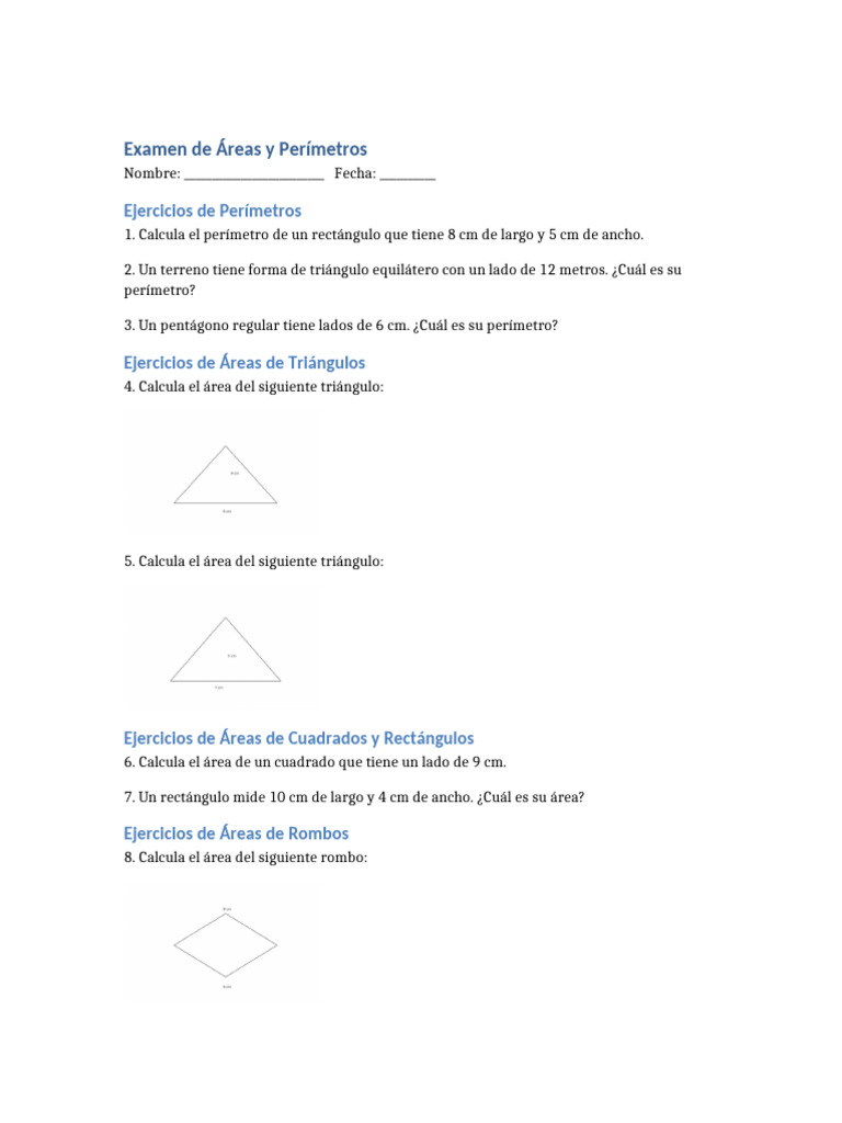 Examen de Áreas y Perímetros 2º ESO | PDF