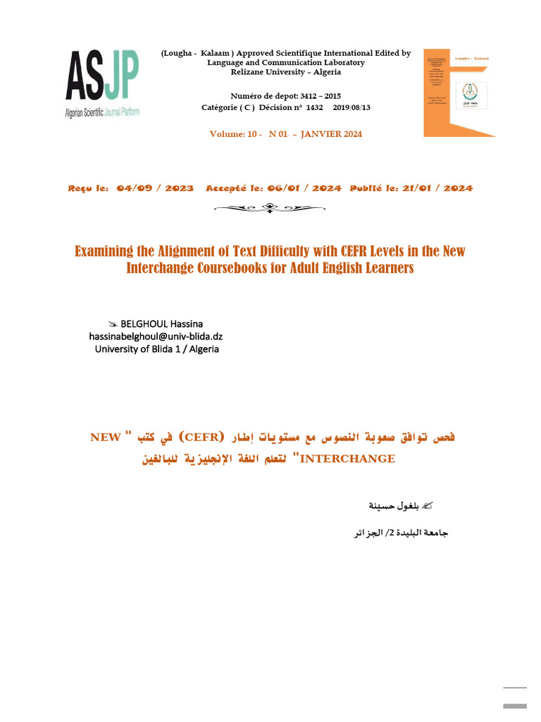 Examining The Alignment of Text Difficulty With Cefr Levels in The New ...