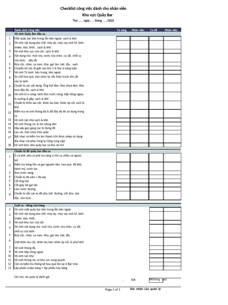 II.5.1. Checklist Các Bộ Phận - Bar | PDF