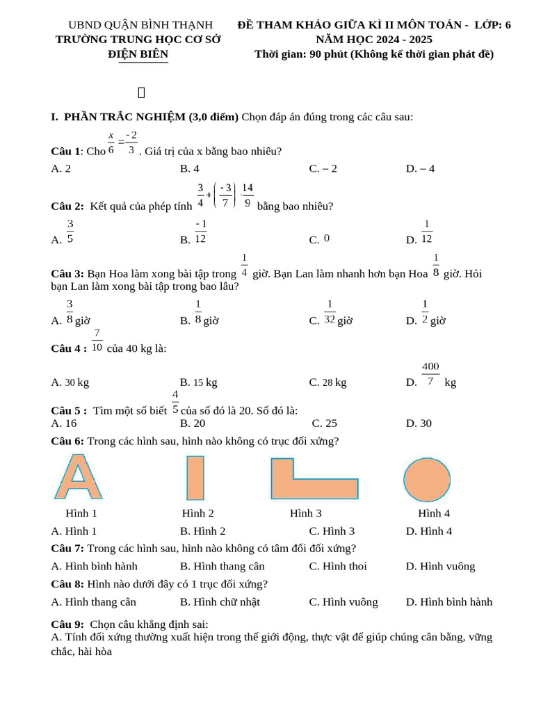 ĐỀ THAM KHẢO GK2 TOAN 6 ĐB 2425 | PDF
