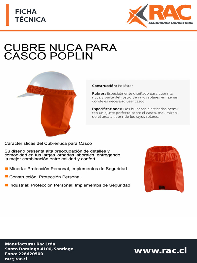 Ficha Tecnica - CUBRE NUCA PARA CASCO POPLIN NARANJO FPS50 | PDF