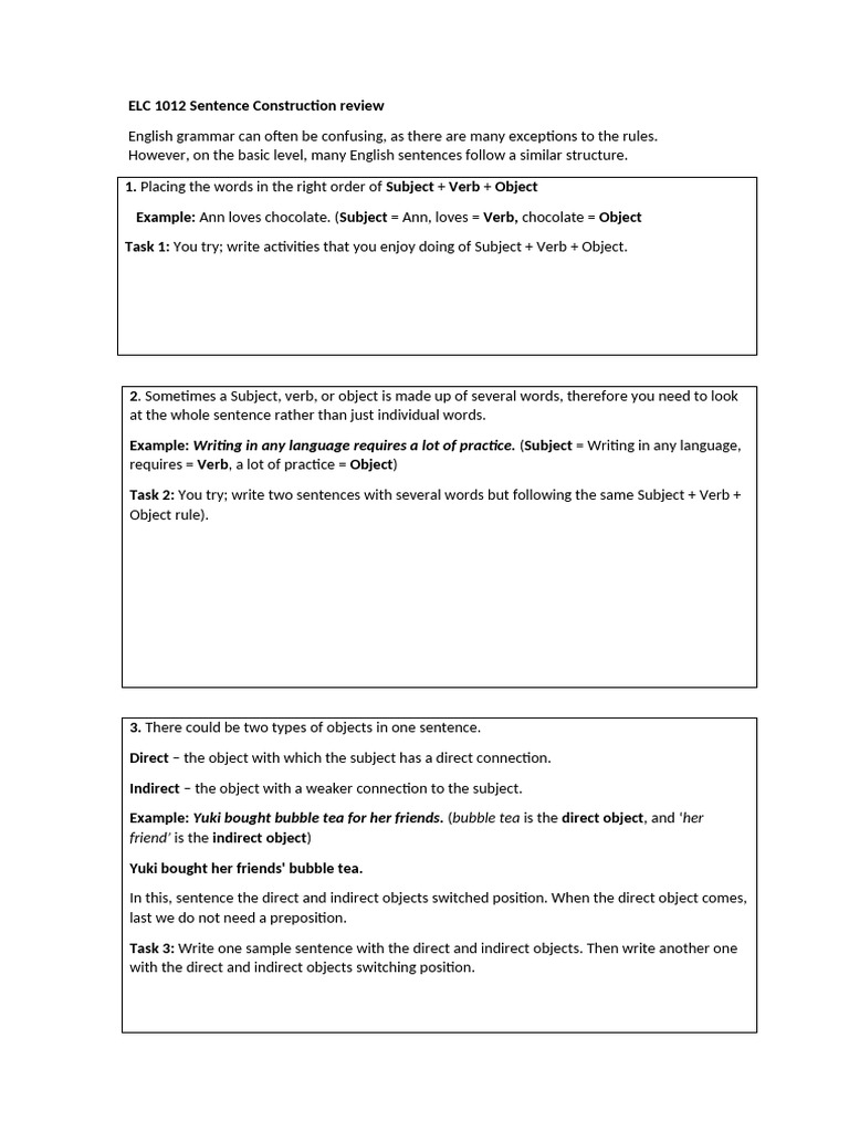 ELC 1012 Sentence Construction Review | PDF | Subject (Grammar) | Object (Grammar)