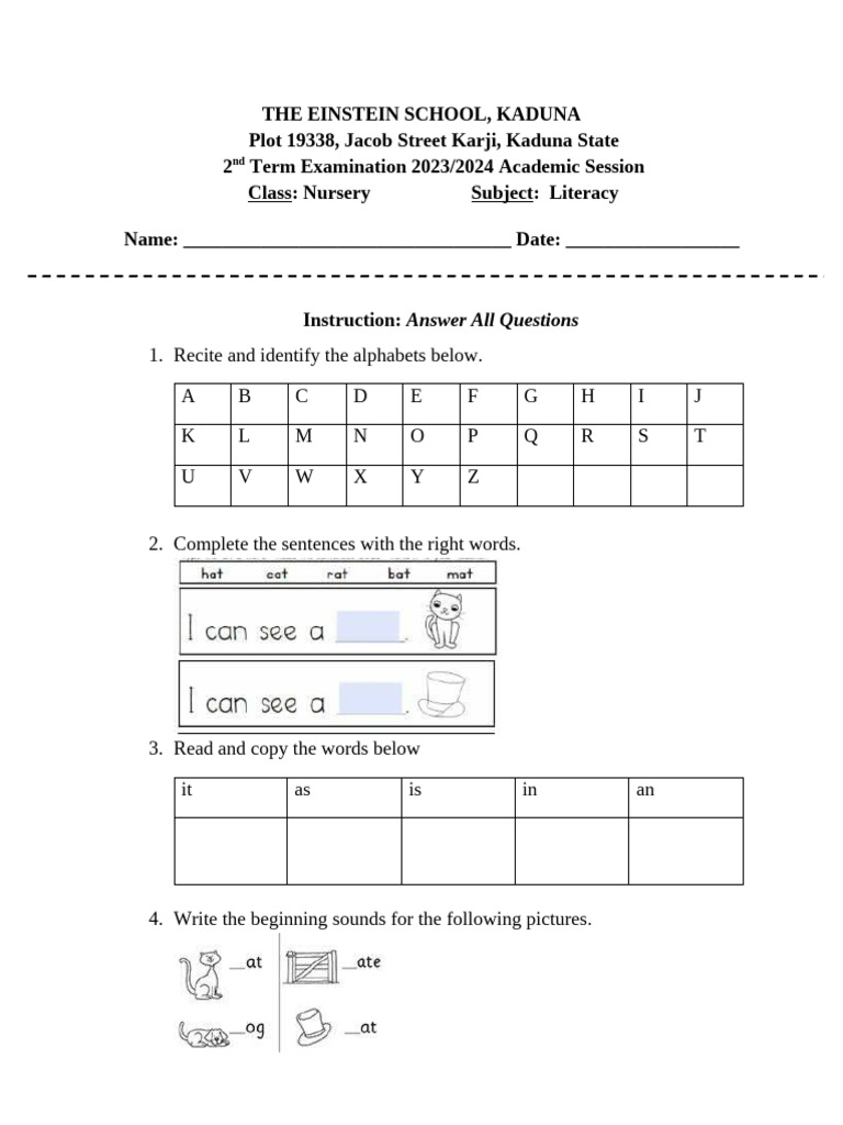 Nursery 2 Literacy Exam Questions | PDF