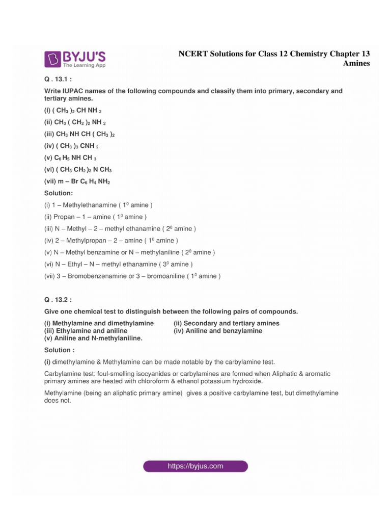 Ch 9 chem Amines NCERT soln | PDF
