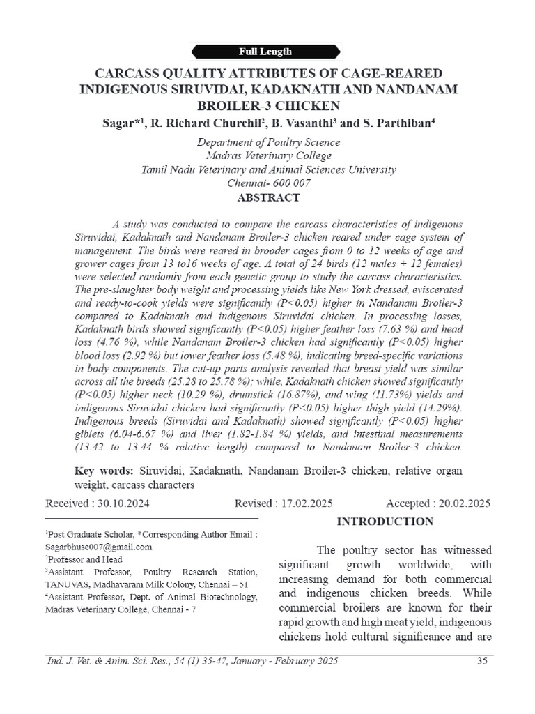 Carcass Quality Attributes of Cage-Reared Indigenous Siruvidai ...