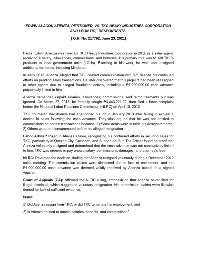 Atienza v. TKC Heavy Industries GR 217782 | PDF | Burden Of Proof (Law) | Justice