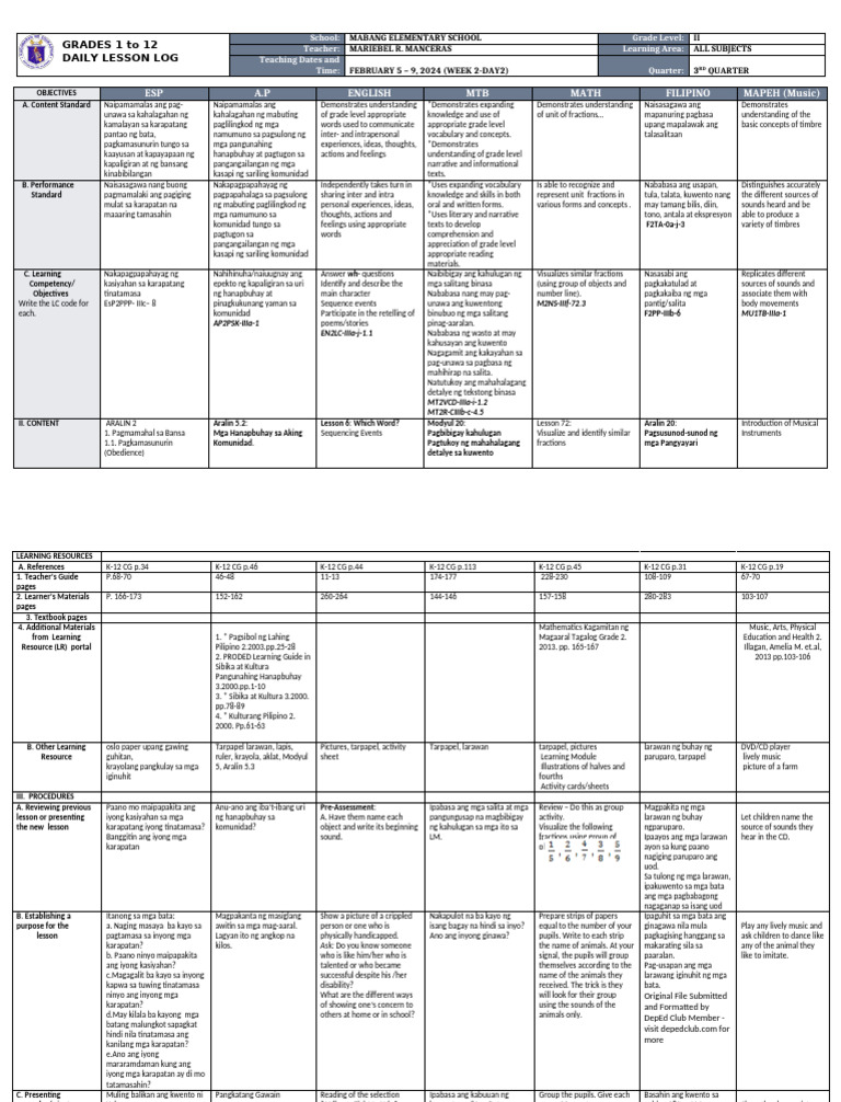 DLL All Subjects 2 q3 w2 d2 | PDF