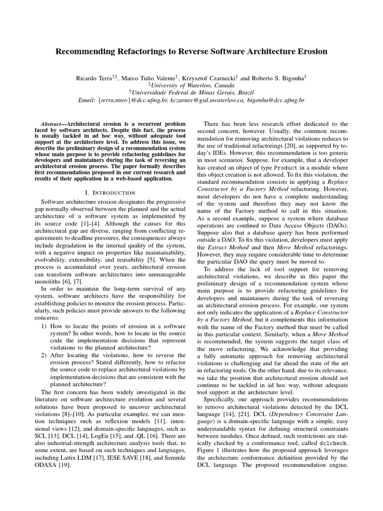 Recommending Refactorings To Reverse Software Architecture Erosion | PDF | Class (Computer ...