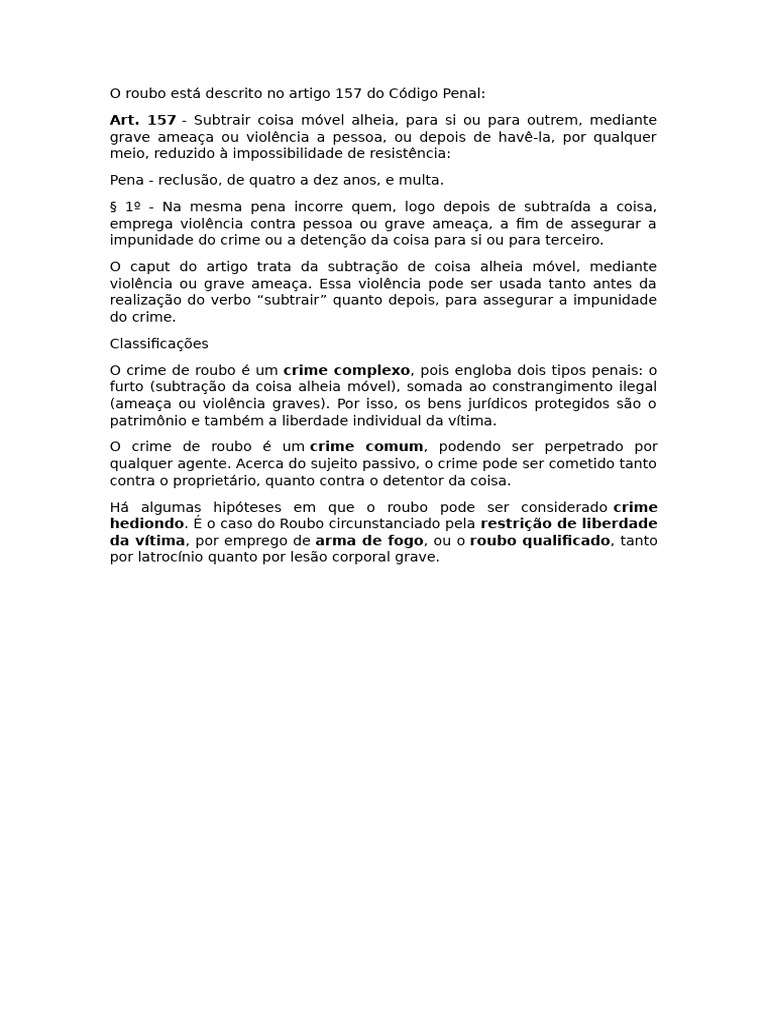 O Roubo Estı Descrito No Artigo 157 Do Cıdigo Penal | PDF