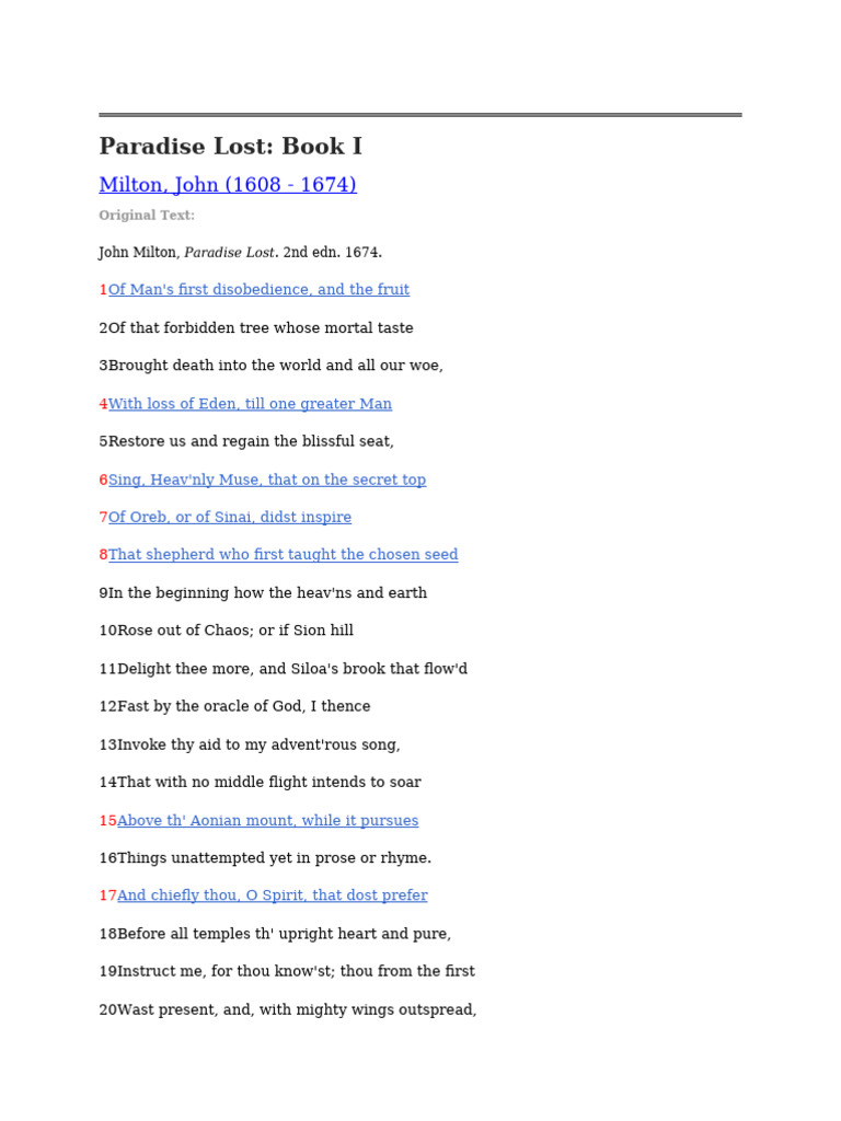 Milton's Paradise Lost Book 1 | PDF | Paradise Lost | Poetry