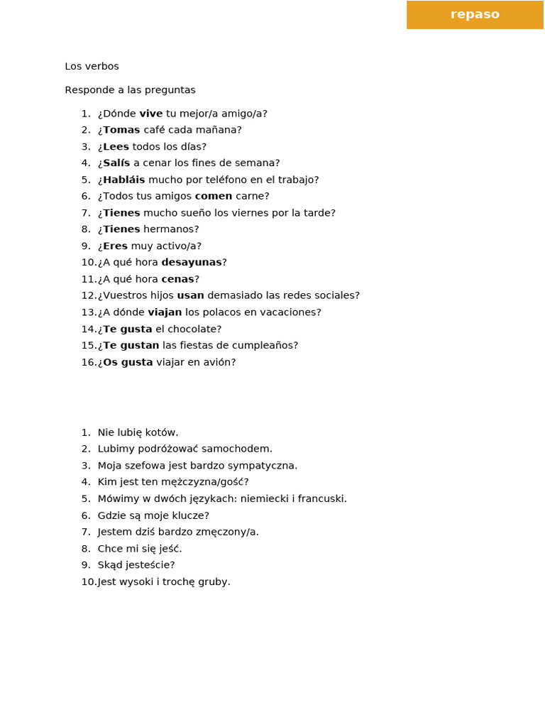Preguntas para Repasar Los Verbos Regulares | PDF