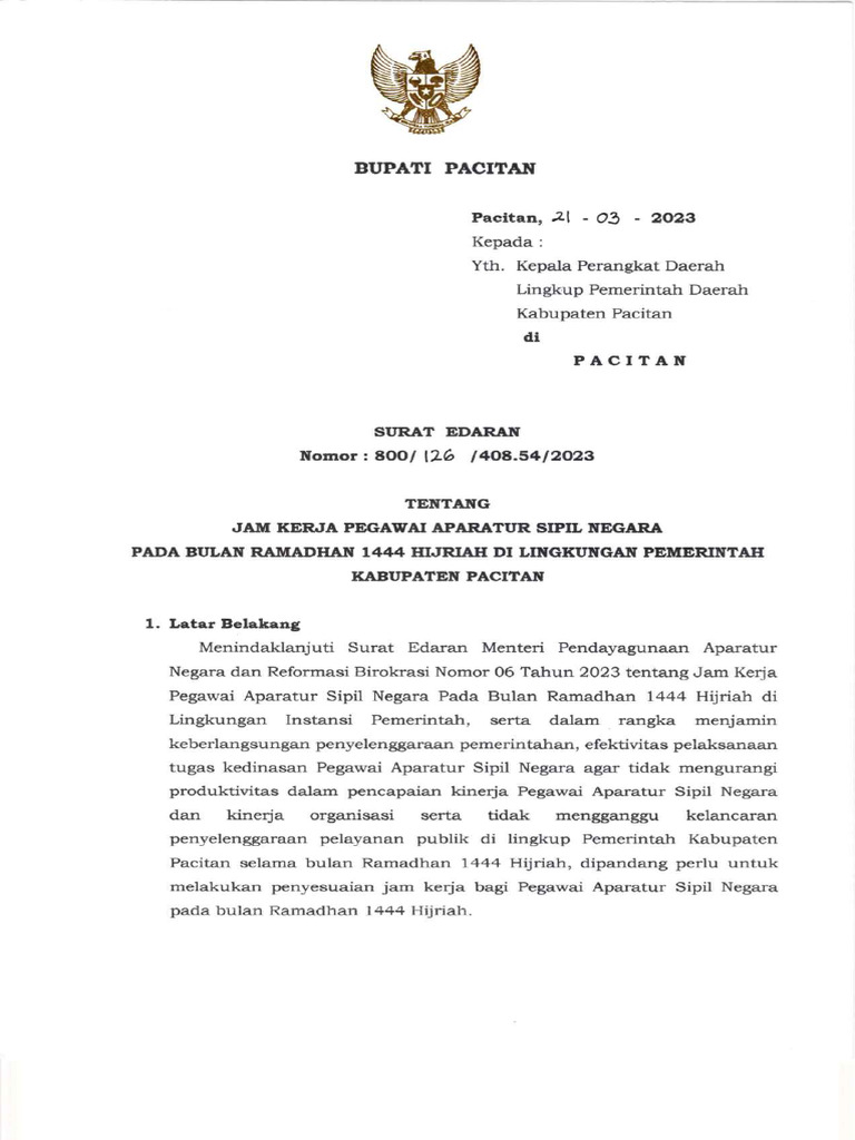 Surat Edaran Jam Kerja Asn Bulan Ramadhan 1444 H Kab - Pacitan | PDF