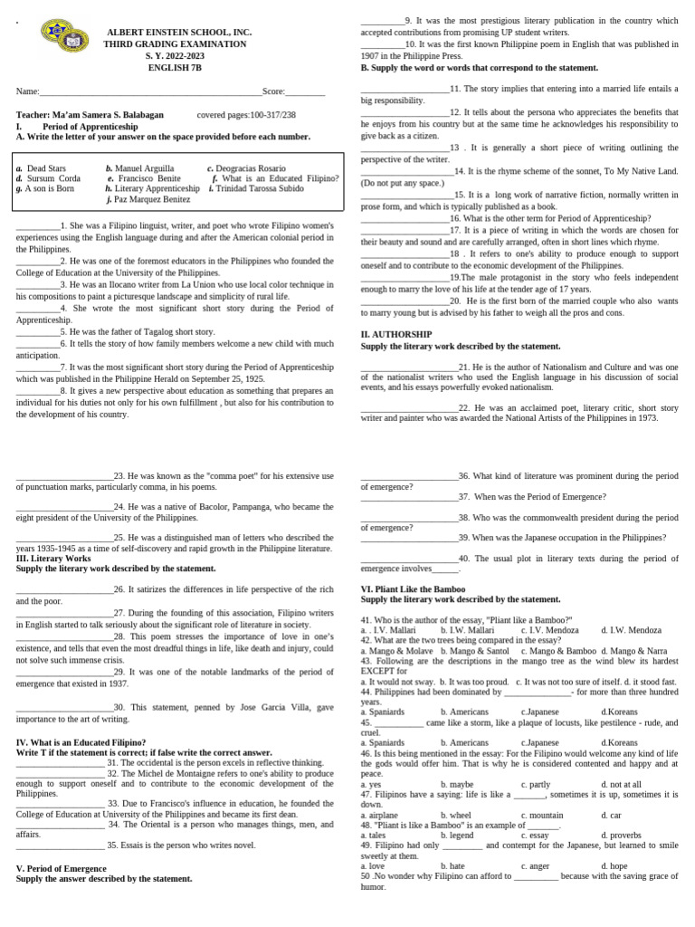ALBERT EINSTEIN SCHOOL EXAM 3rd F | PDF