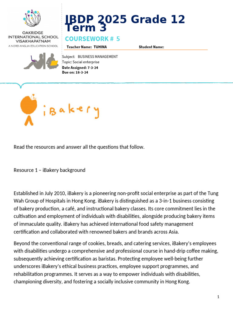 IB - DP2 - Course Work 5-Class of 2025 | PDF | Social Enterprise | Bakery
