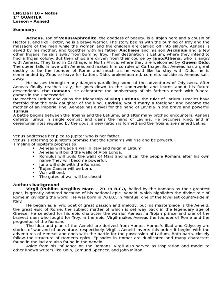 Aeneid Summary and Analysis Notes | PDF | Aeneas | Aeneid