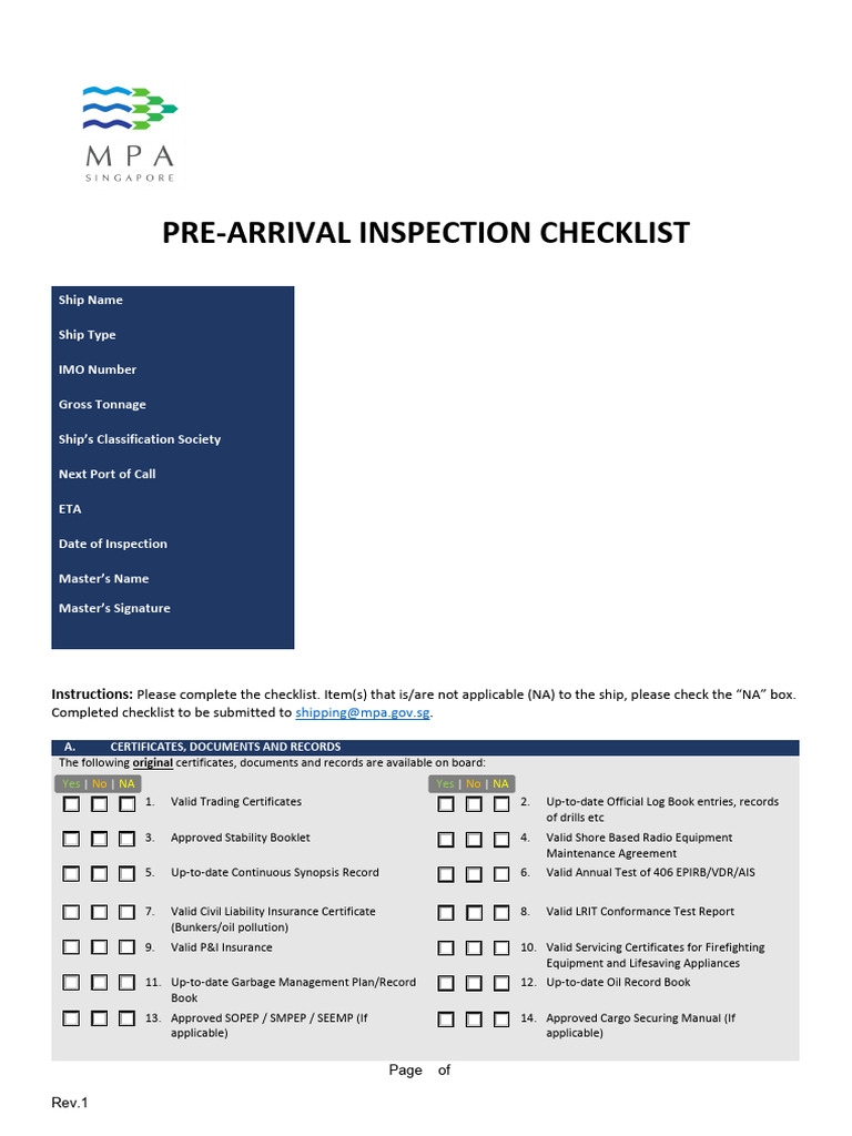 Pre-Arrival Checklist For SRS Rev.1 (12jan22) | PDF