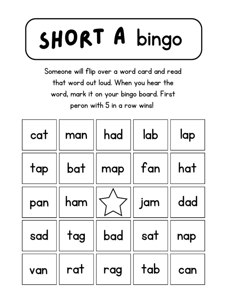 Short A Bingo Worksheet PDF | PDF | Gambling Games | Games Of Chance