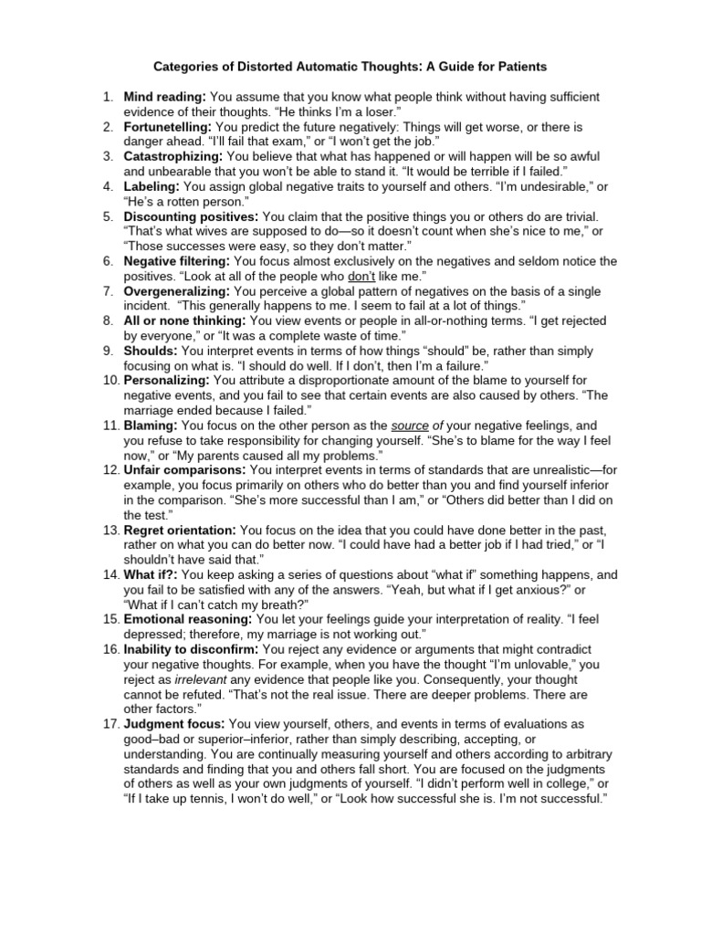 Categories of Distorted Automatic Thoughts | PDF | Thought | Feeling
