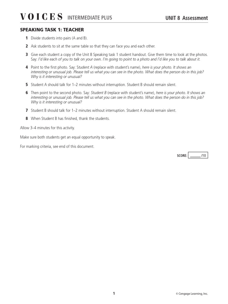 Unit 8 Speaking Assessment Guide Pdf Question Vocabulary