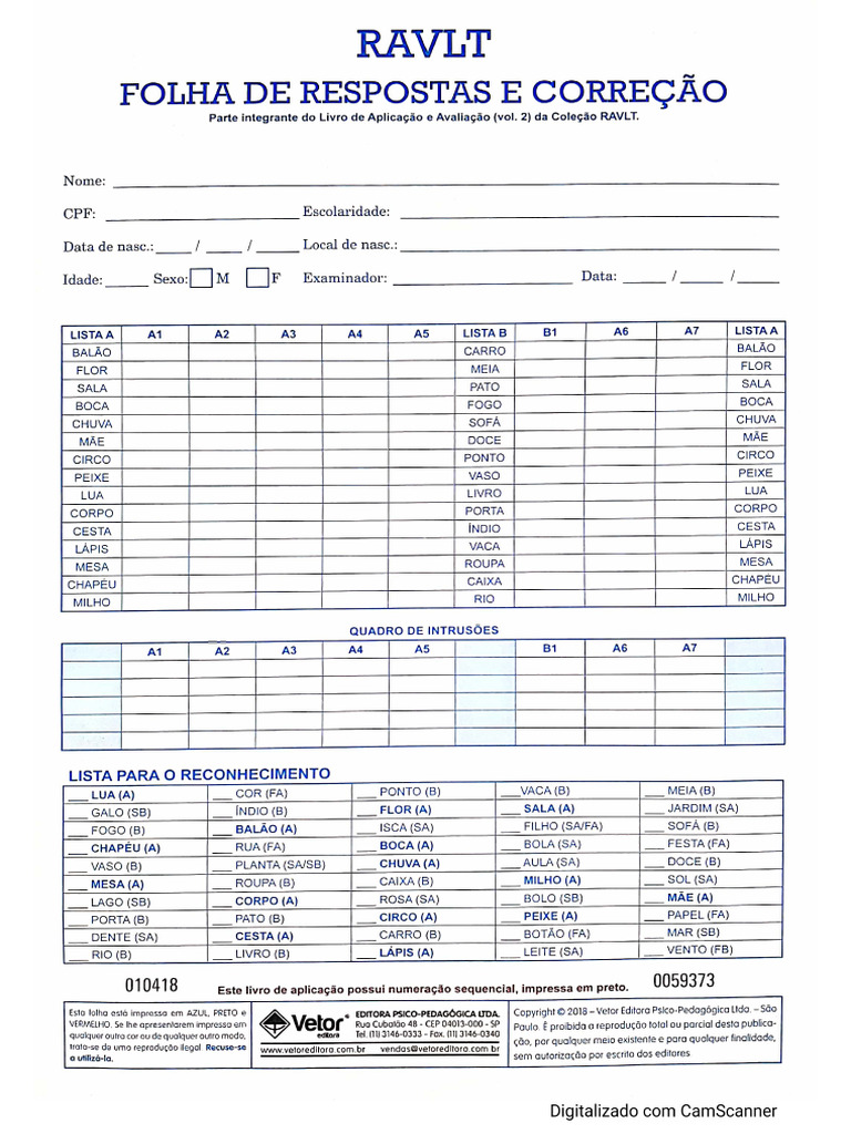 Folha de Resposta e Correção Do RAVLT | PDF