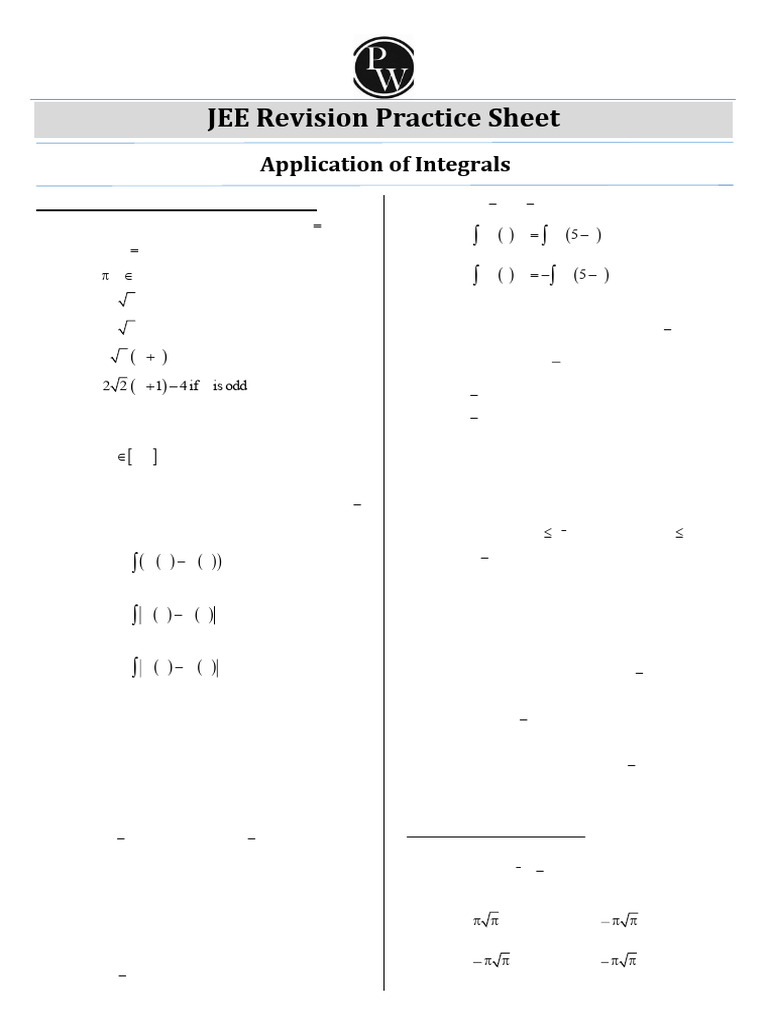 Application of Integrals - Practice Sheet (JEE ADVANCED) | PDF ...