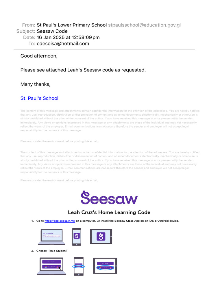 Leah's Seesaw Home Learning Code | PDF