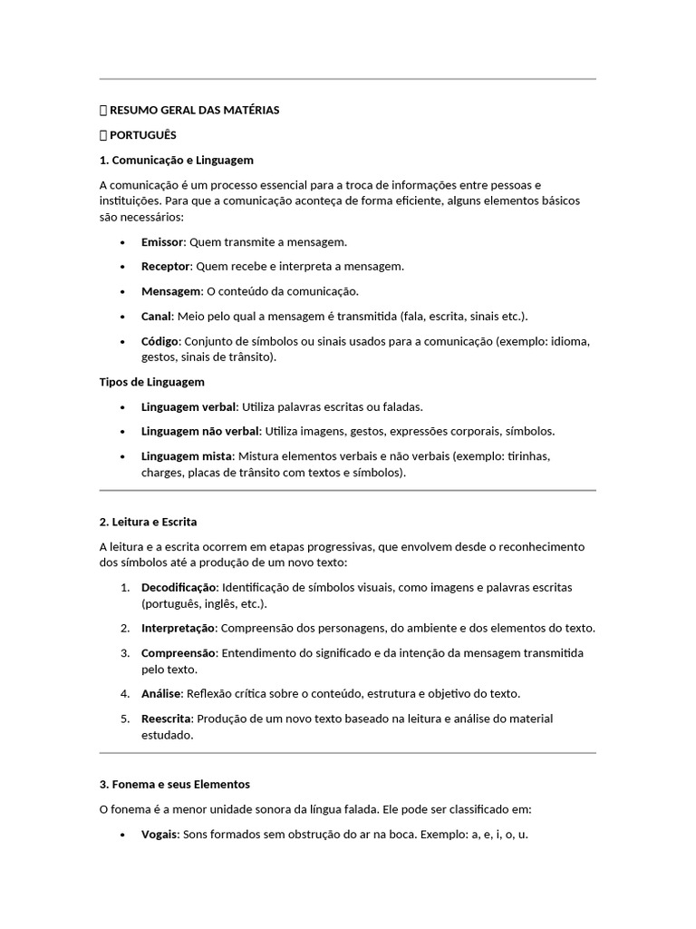 RESUMO GERAL DAS MATÉRIAS Linguagem | PDF | Comunicação | Palavra