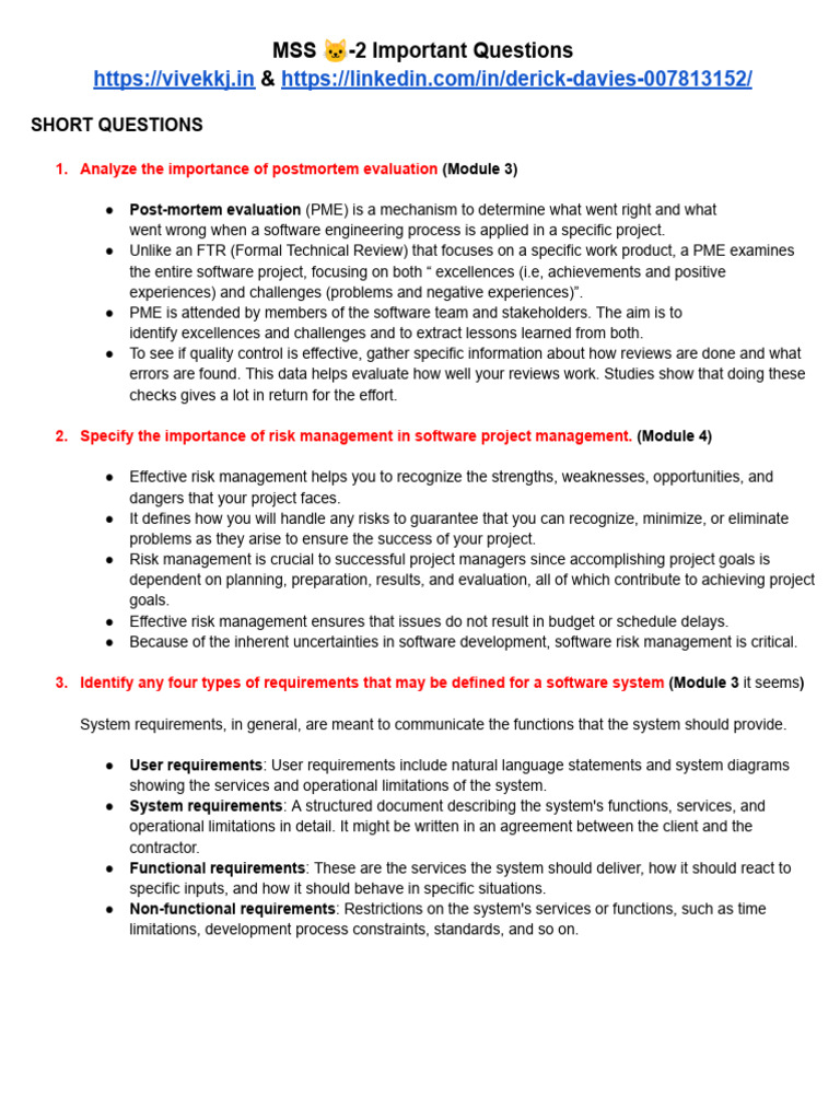MSS ?-2 Important Questions | PDF | Risk | Quality Management