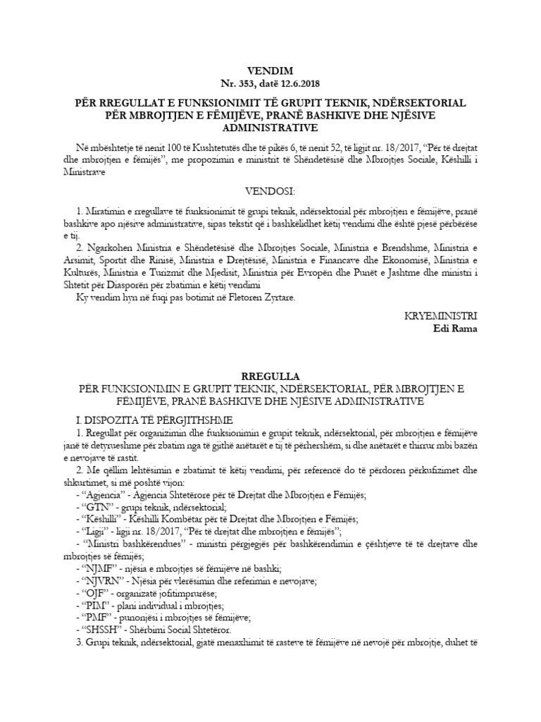 VKM-nr.-353-date-12.6.2018 Për Grupin Ndërsektorial Për Mbrojtjen e Fëmijëve | PDF