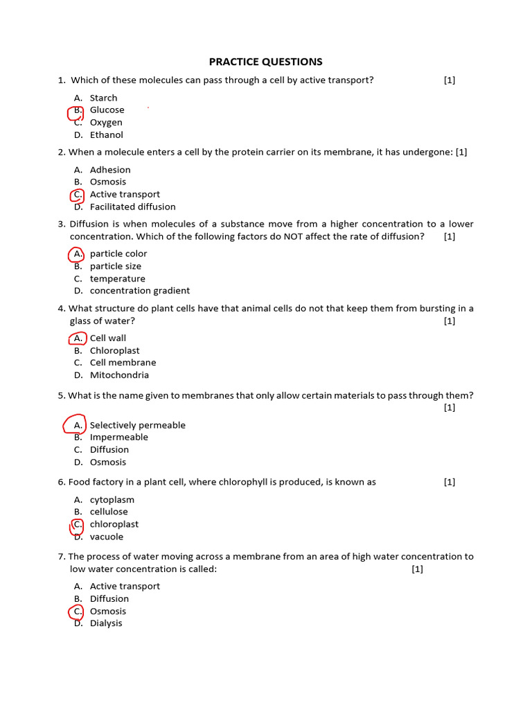 Practice multiple choice questions(Ans) | PDF | Cell (Biology) | Cell Membrane