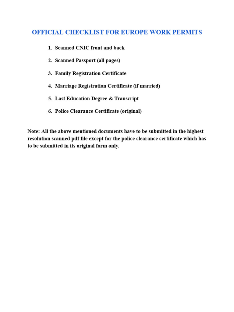 Official Checklist For Europe Work Permits | PDF