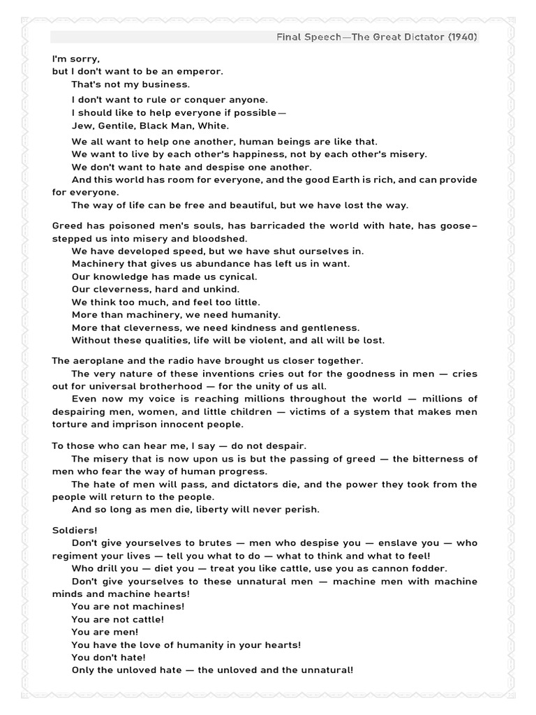 The Great Dictator - Last Speech | PDF | Emancipation Proclamation