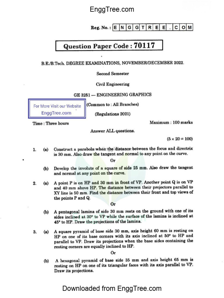 GE3251 Engineering Graphics Nov Dec 2022 Question Paper Download | PDF