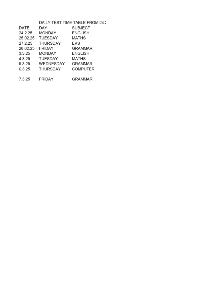 Daily Test Time Table STD II-1 | PDF