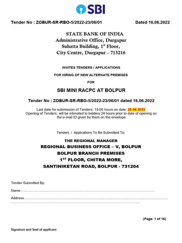 16062022_NIT for Hiring of Premises for Mini RACPC at Bolpur | PDF ...