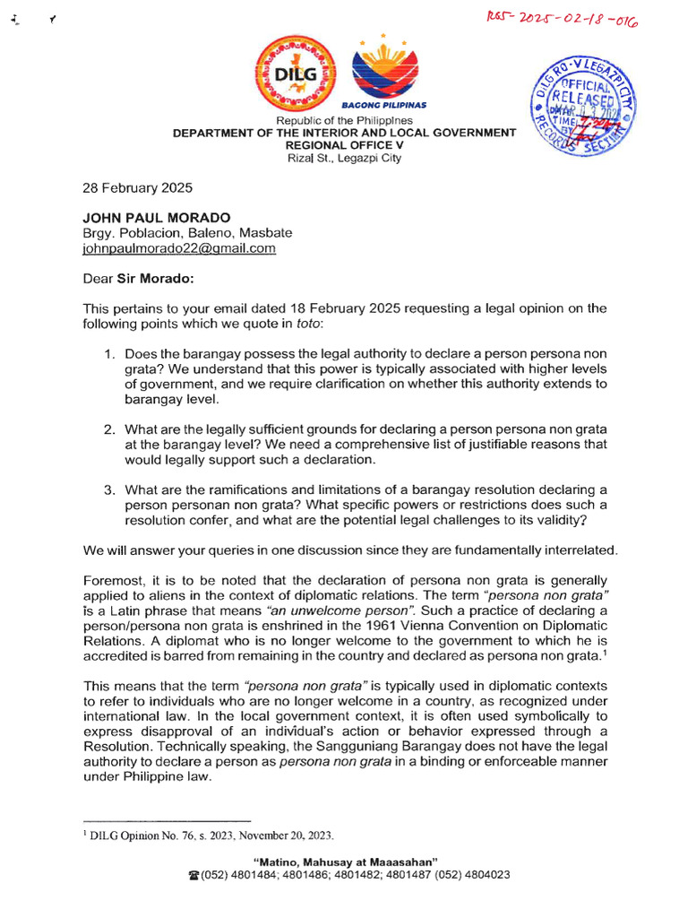Dilg Legal Opinion On Declaring Persona Non Grata | PDF