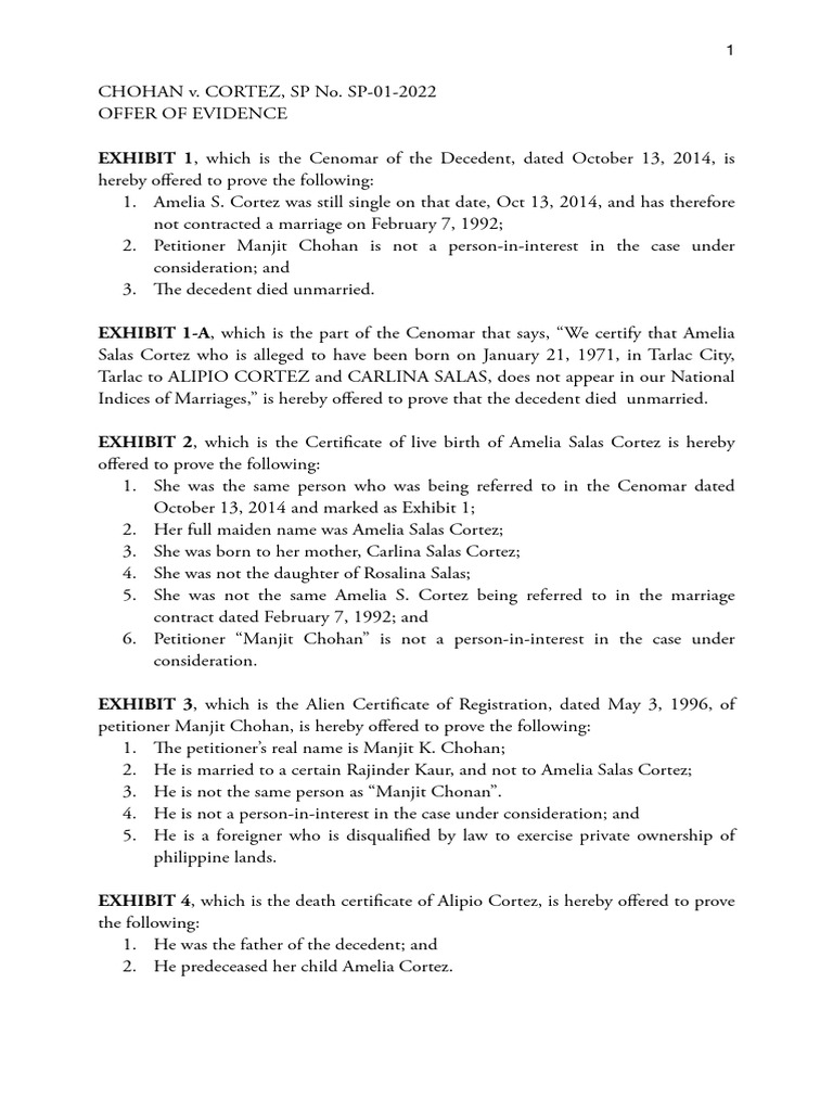 Evidence in CHOHAN v. CORTEZ Case | PDF | Family | Marriage, Unions And ...